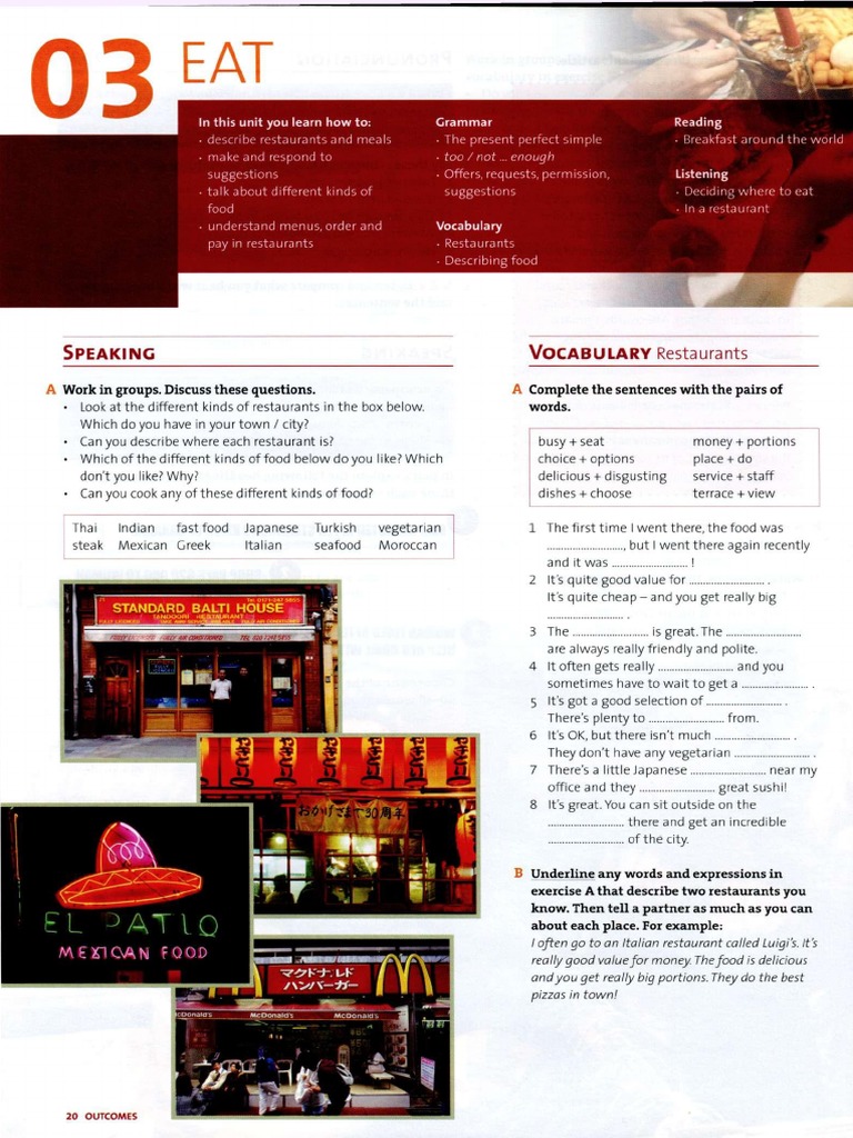 Unit 3 EAT Outcomes Pre Intermediate | PDF | Foods | Cuisine