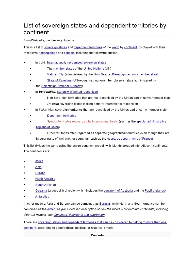List of Sovereign States and Dependent Territories by Continent | PDF ...