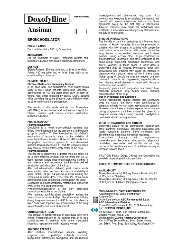 Doxofylline (Ansimar) Dosage and Use | PDF | Dose (Biochemistry ...