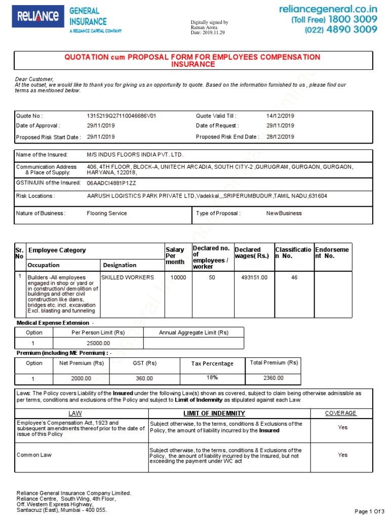 Reliance General Insurance Company Limited: Quotation Cum Proposal Form ...