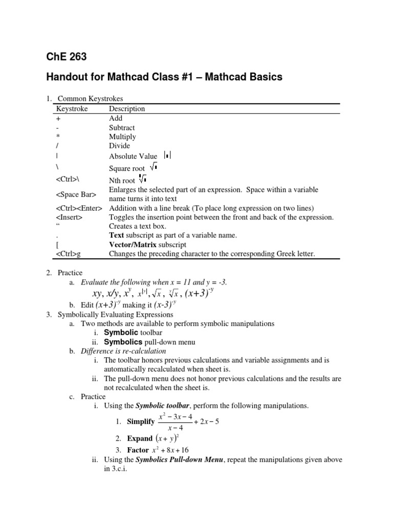 Che 263 Handout For Mathcad Class #1 - Mathcad Basics: Xy, X/Y, X | PDF