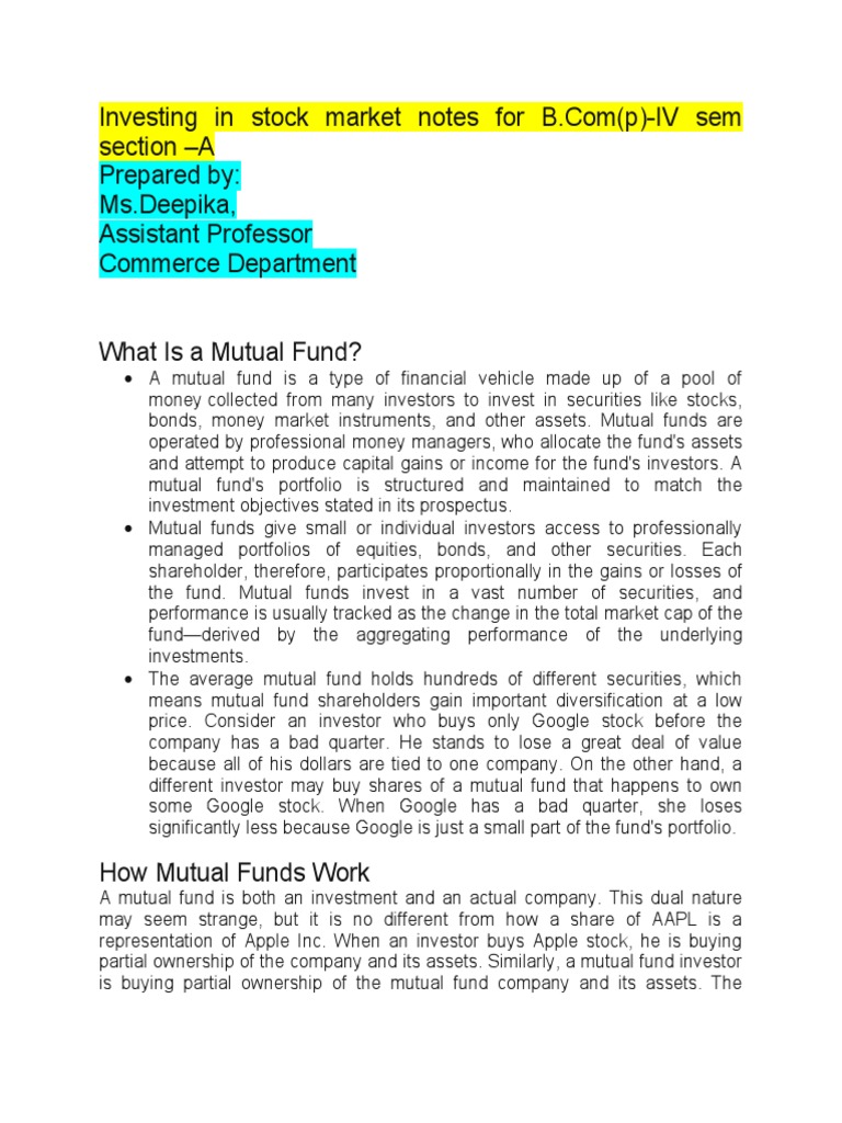 Mutual Fund Notes For B.COM IV Sem Section-A | PDF | Investment Fund ...