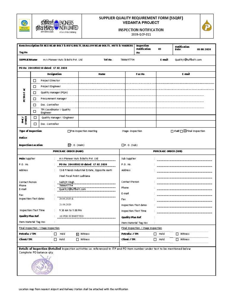 Inspection Notification Form | PDF | Business Process | Business