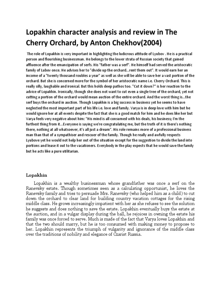Lopakhin Character Analysis and Review in The Cherry Orchard, by Anton ...