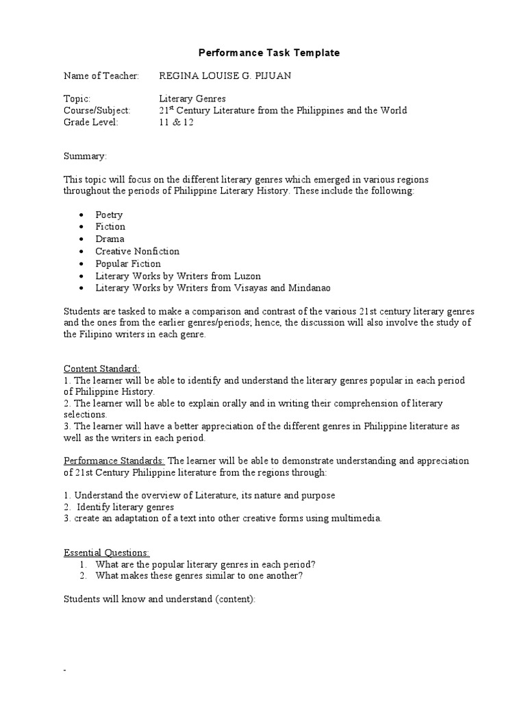 Performance-Task-21st Century Lit 2nd WK | PDF | Rubric (Academic) | Genre