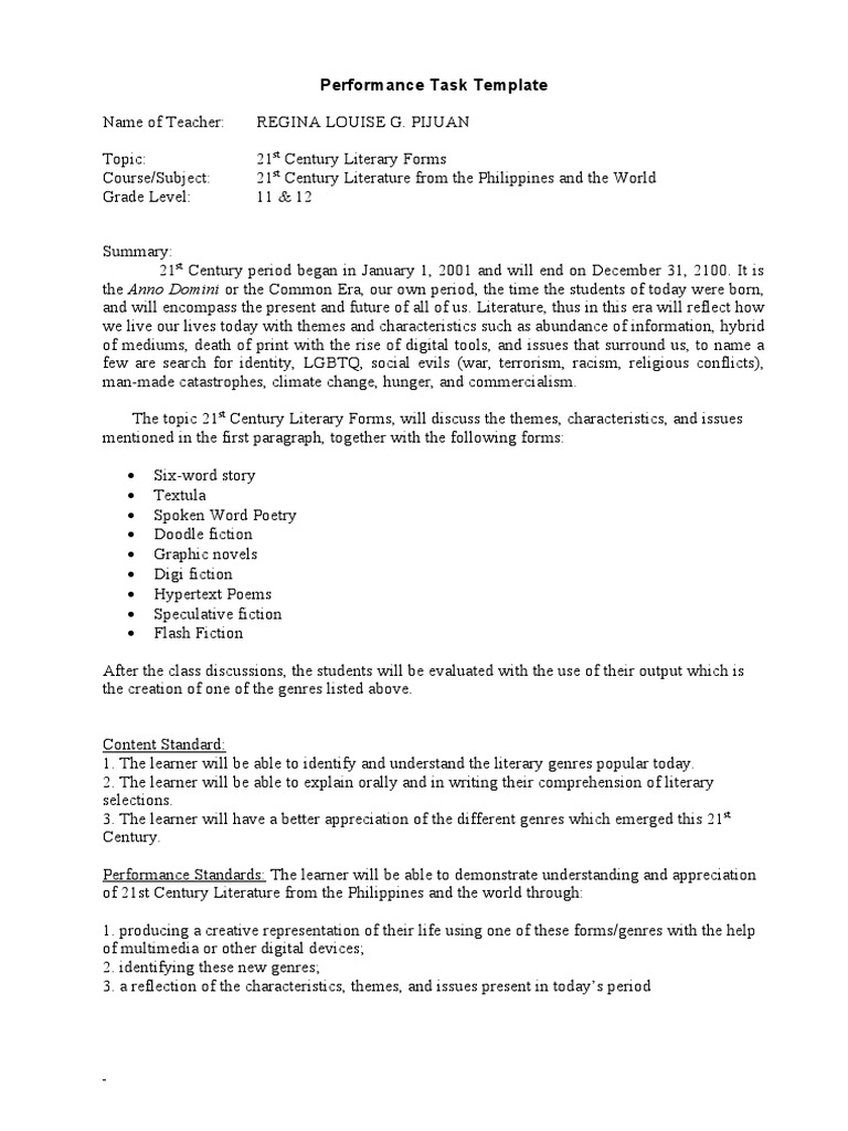 21st Century Literature Performance Task | PDF | Rubric (Academic ...