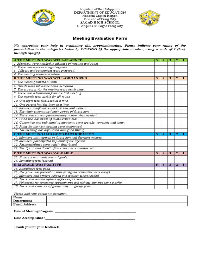 FINAL Meeting Evaluation Form | PDF | Behavior Modification ...