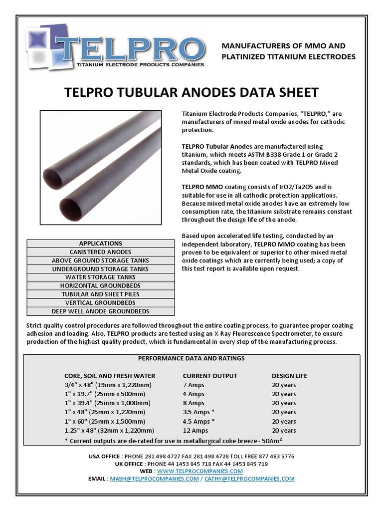 Telpro Tubular Anodes Data Sheet: Manufacturers of Mmo and Platinized ...