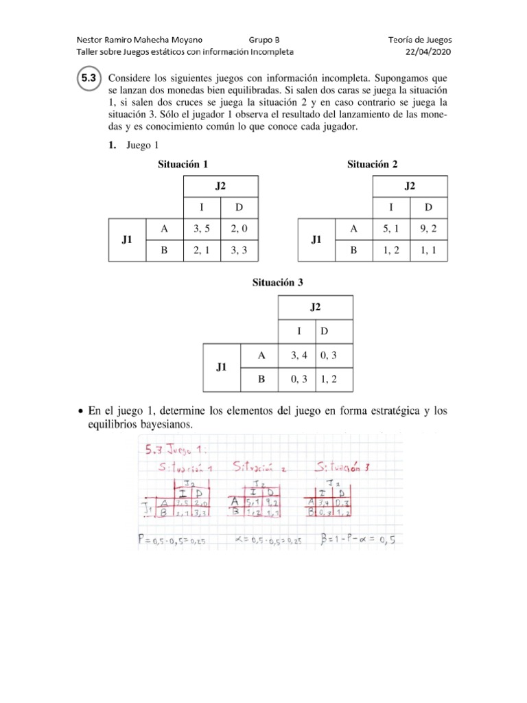 Taller Juegos estáticos con información incompleta | PDF