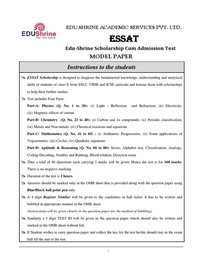 EduShrine Scholarship Cum Admission Test Model Question Paper | PDF ...