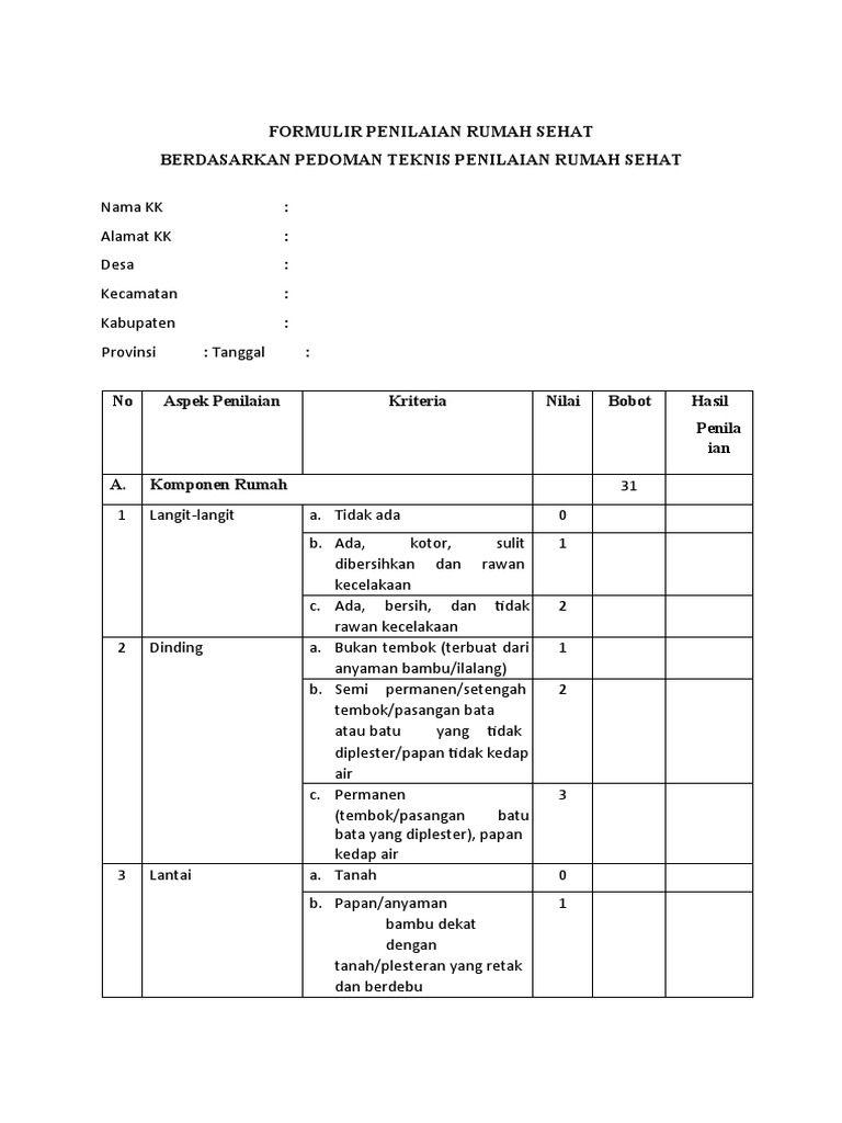 Penilaian Rumah Sehat: Formulir dan Kriteria | PDF