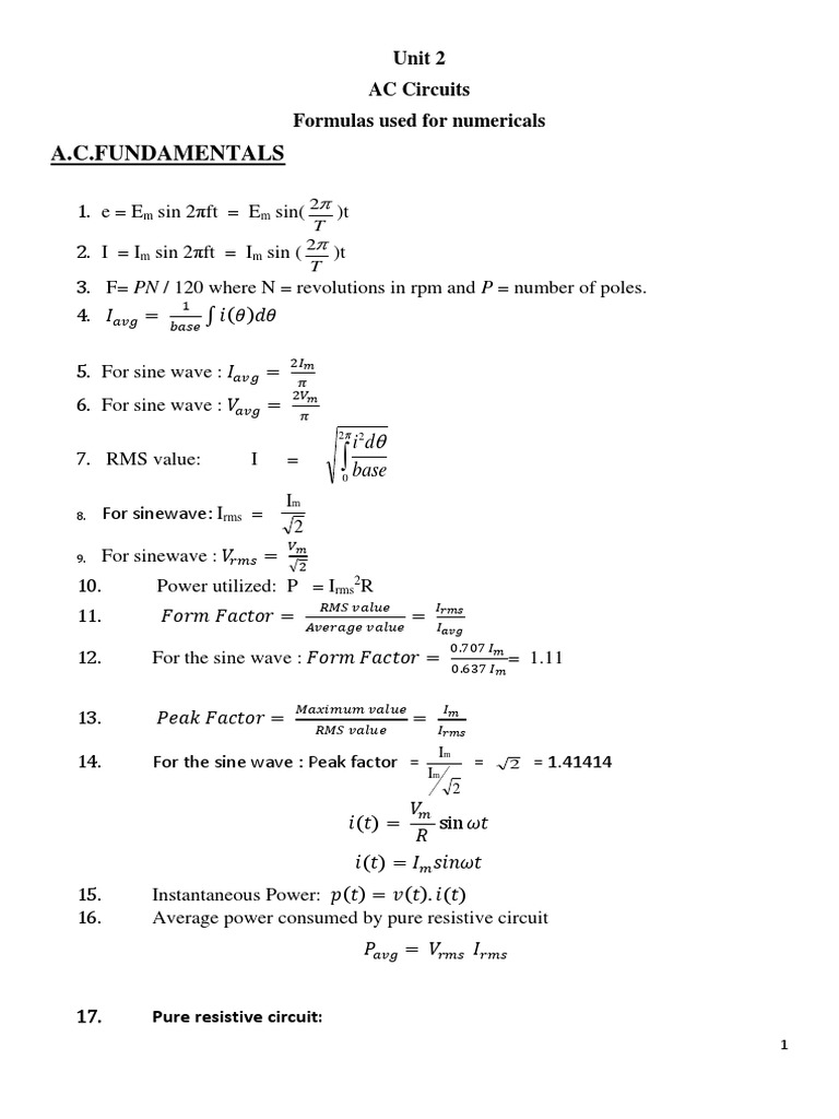 A.C.Fundamentals: Unit 2 AC Circuits Formulas Used For Numericals | PDF | Ac Power | Electrical ...