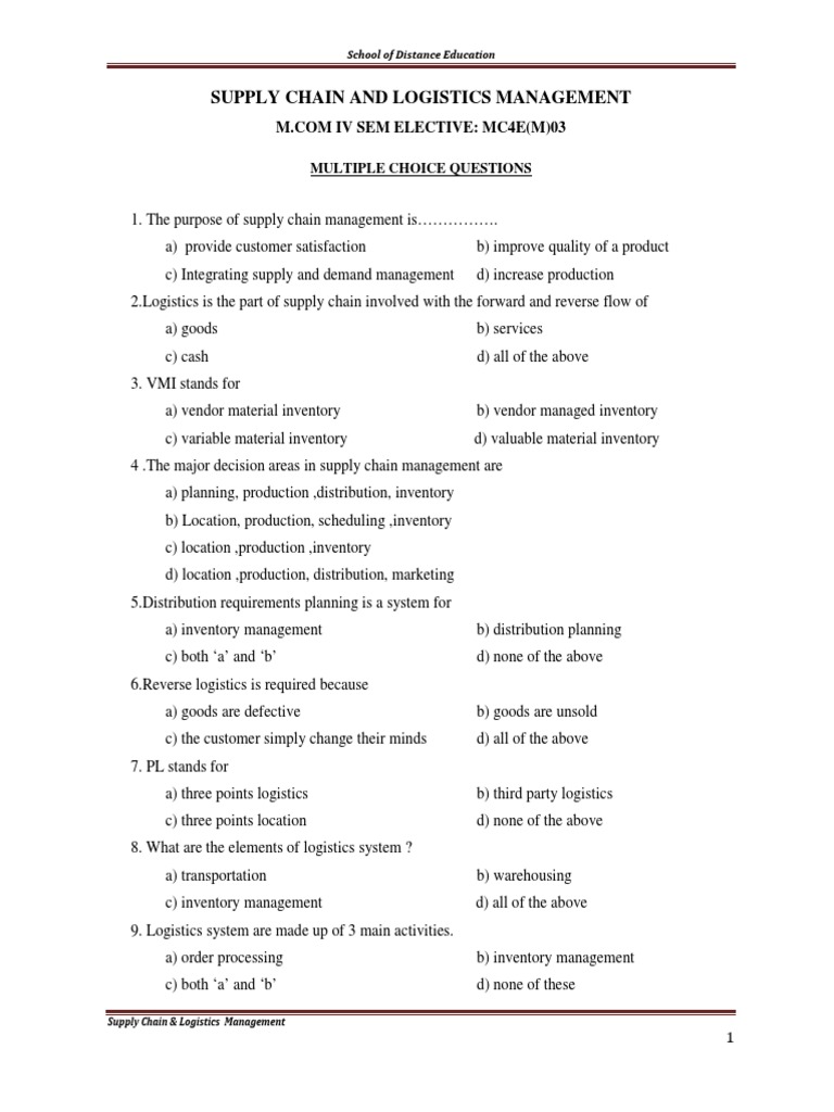 Multiple Choice Questions on Supply Chain and Logistics Management ...