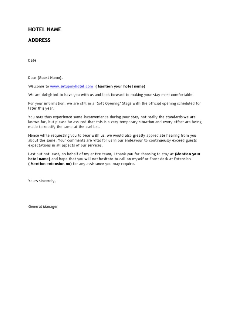 Welcome Letter - Pre Opening | PDF