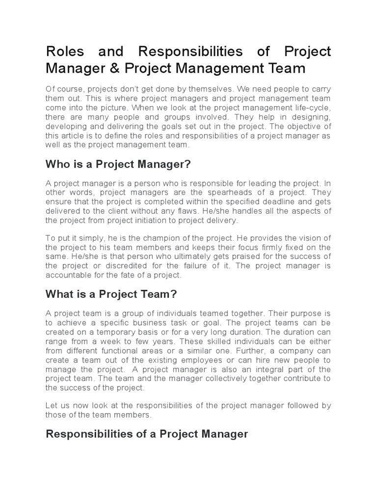 Roles and Responsibilities of Project Manager | PDF | Project ...