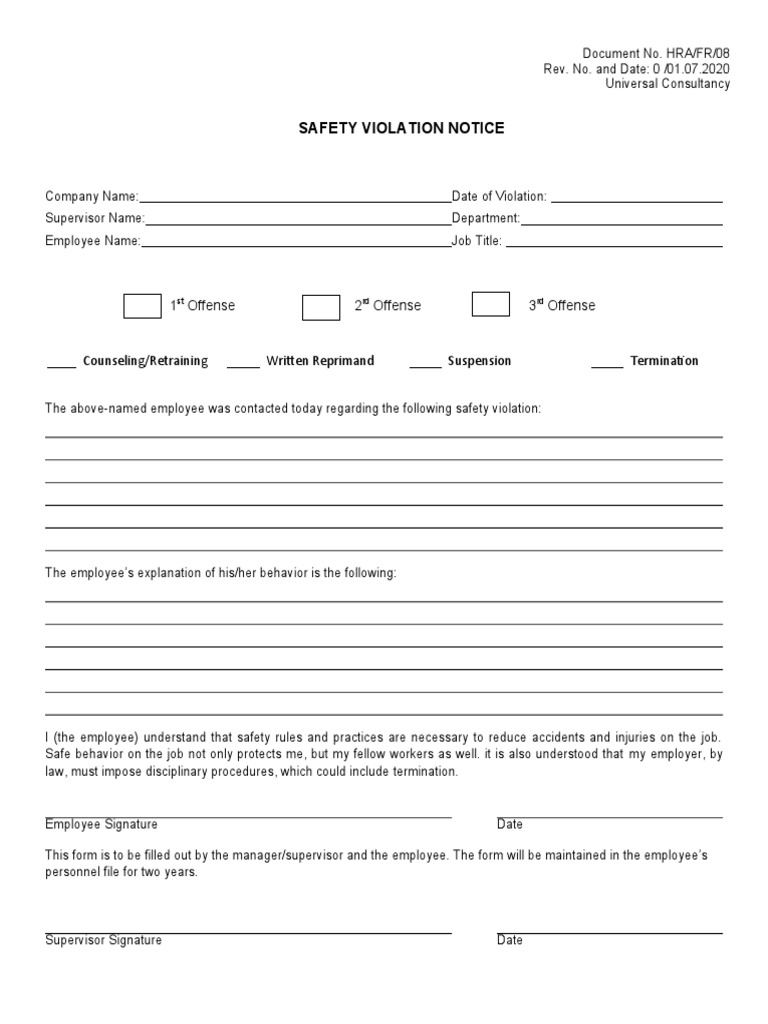 Safety Violation Notice: 1 Offense 2 Offense 3 Offense | PDF | Business ...
