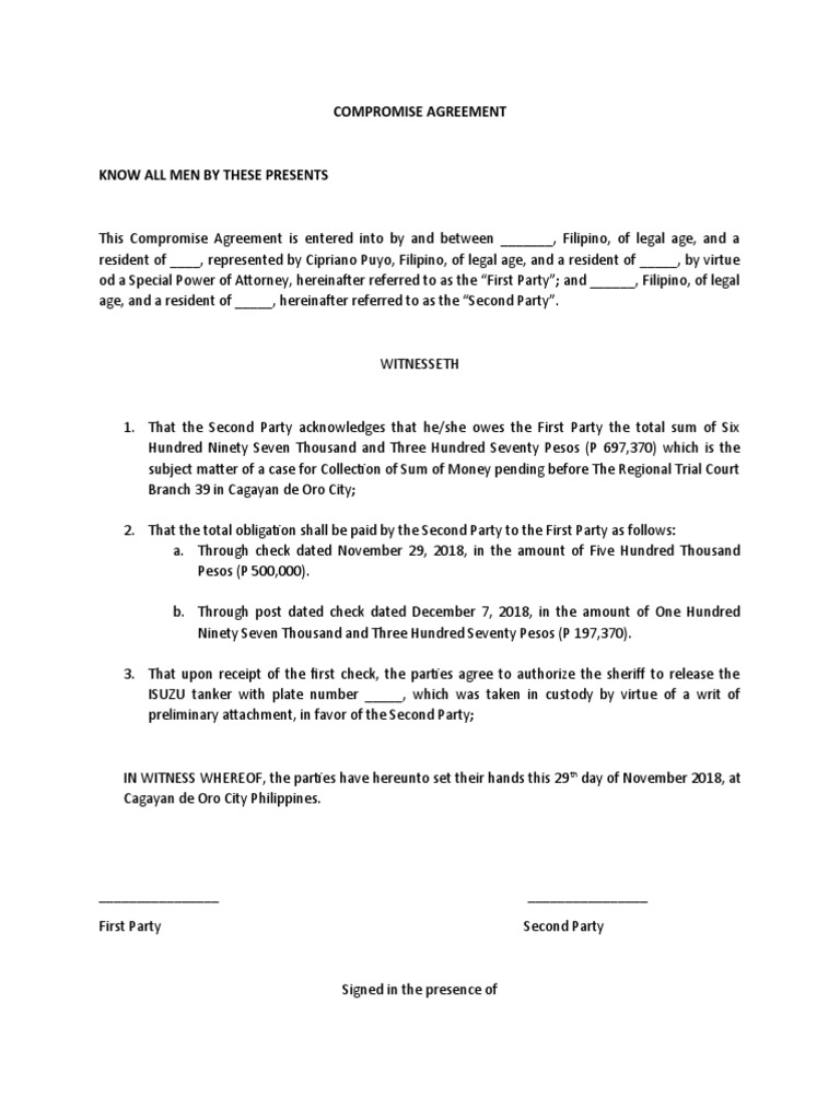Compromise Agreement for Debt Settlement | PDF | Public Law | Social ...
