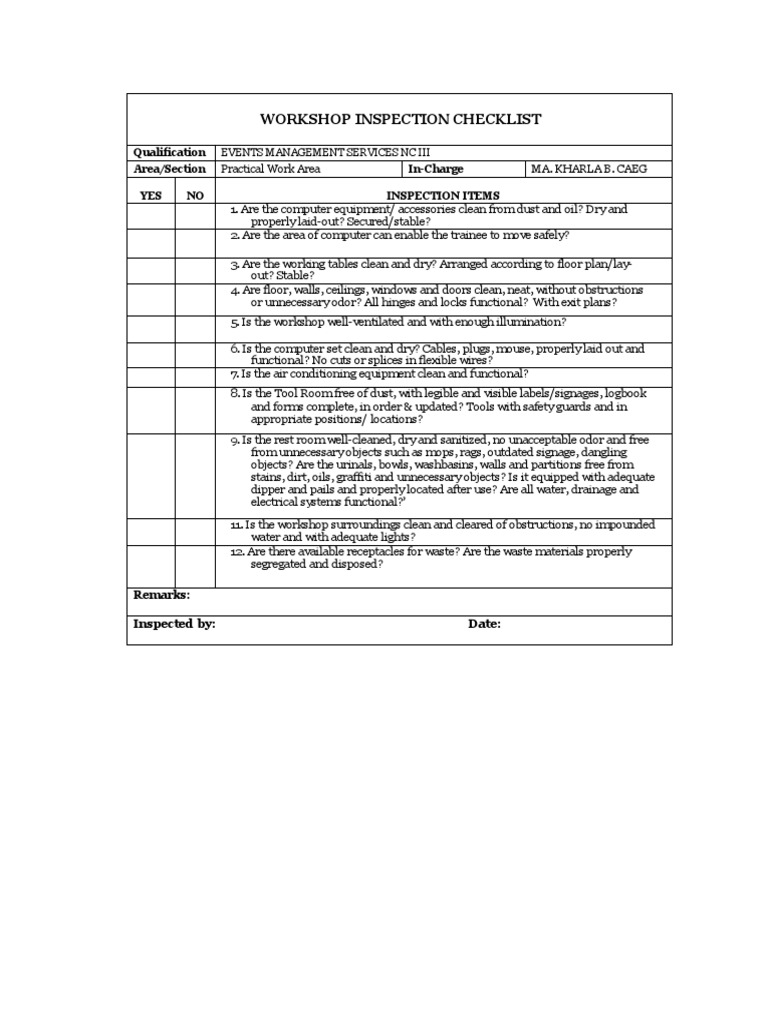 Work Shop Inspection Checklist | PDF