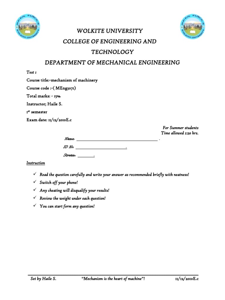 Mechanism of Machinery Test 1 2010 E.C (Summer Students) | PDF ...
