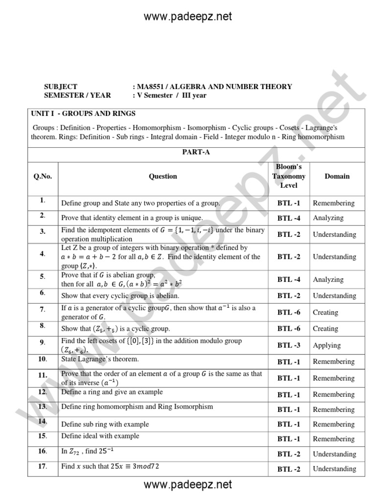 MA8551 QB | PDF | Group (Mathematics) | Ring (Mathematics)