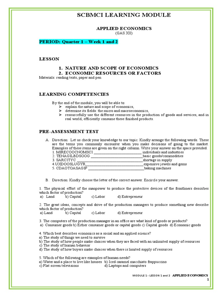 Applied Economics: Nature & Economic Factors | PDF | Resource ...