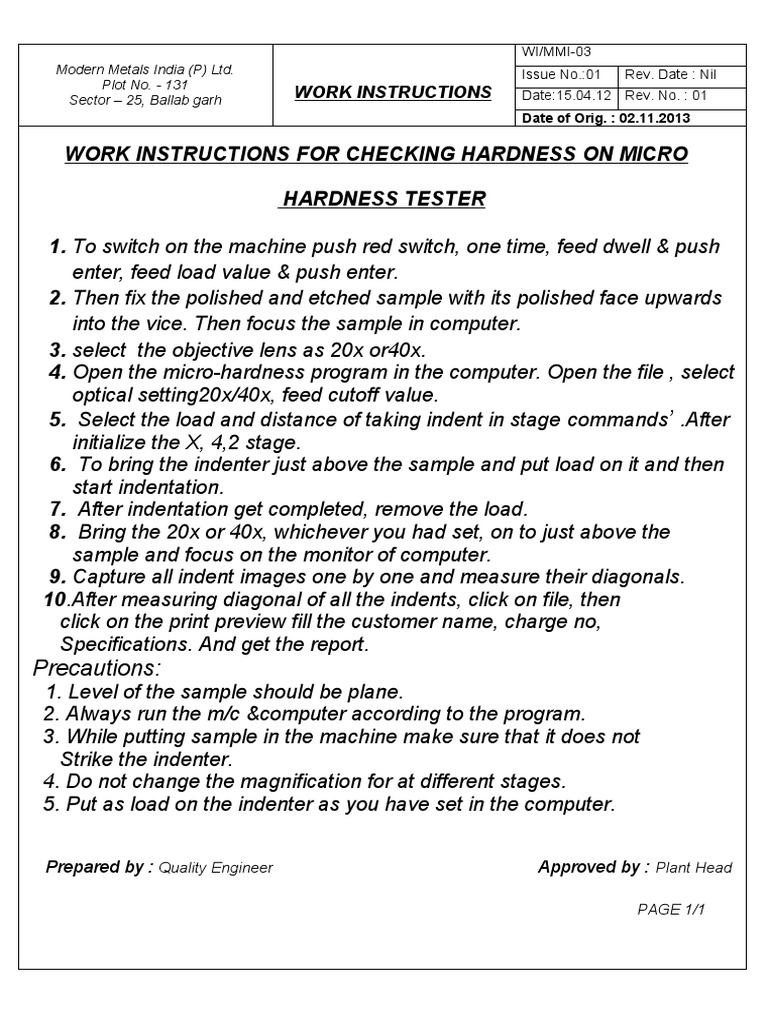 Hardness Testing Work Instructions | PDF