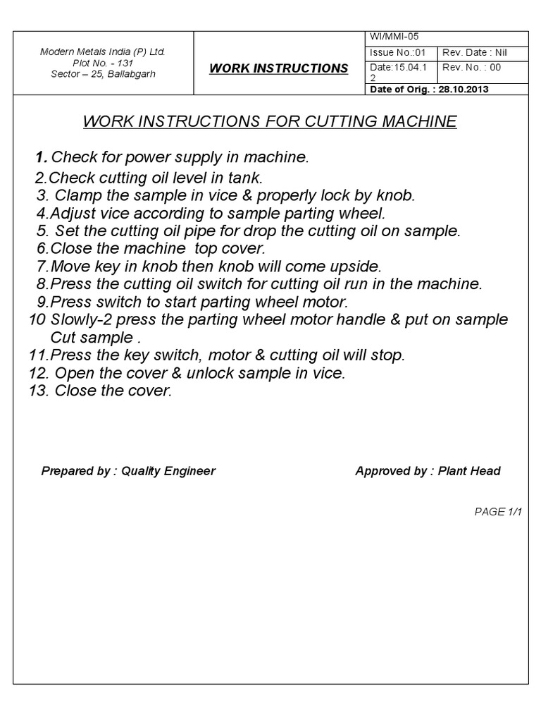 Works Instructions For Cutting Machine | PDF