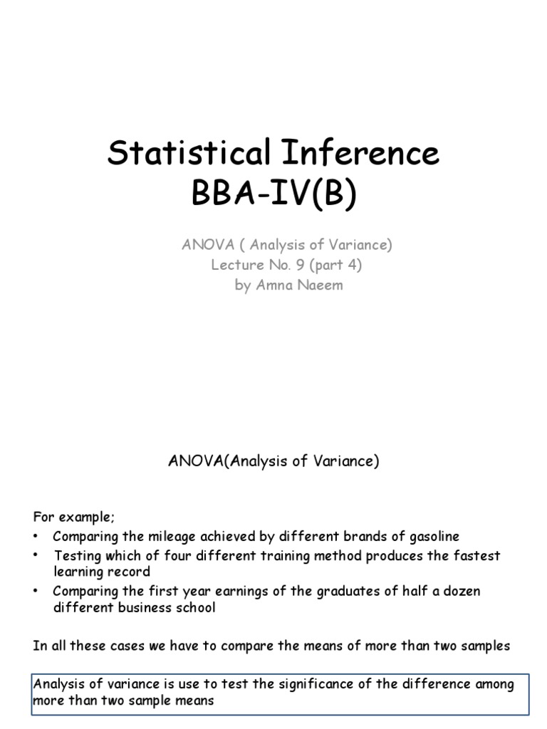 Statistical Inference BBA-IV (B) : ANOVA (Analysis of Variance) Lecture No. 9 (Part 4) by Amna ...