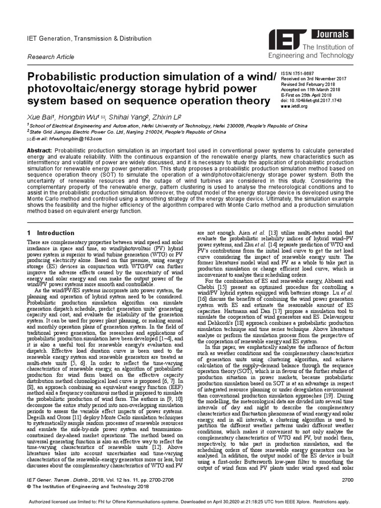 Probabilistic Production Simulation of A Wind Photovoltaic Energy Storage Hybrid Power System ...