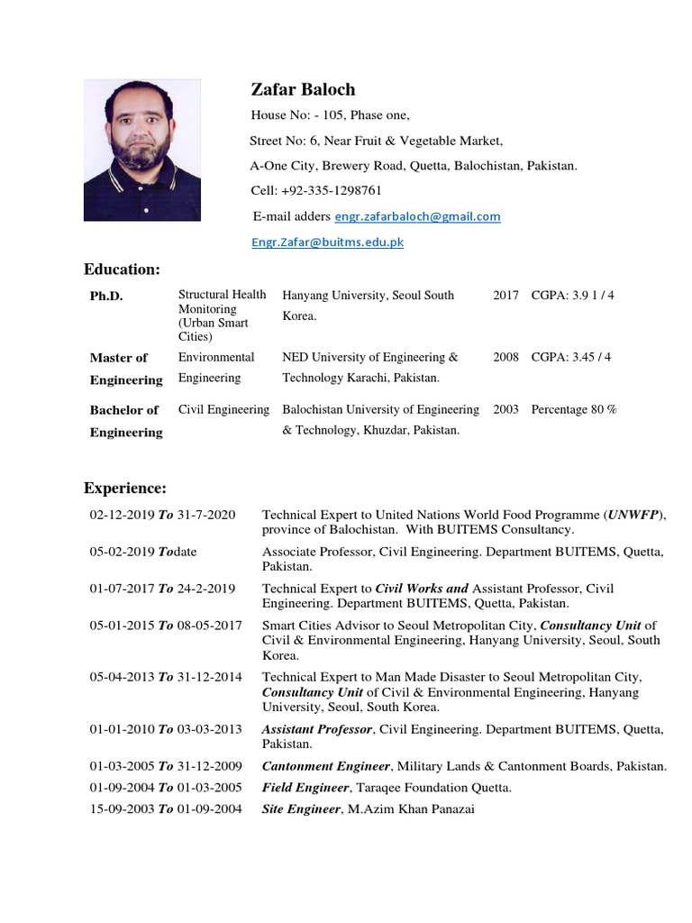 CV of Dr. Zafar Baloch | PDF | Cement | Mortar (Masonry)