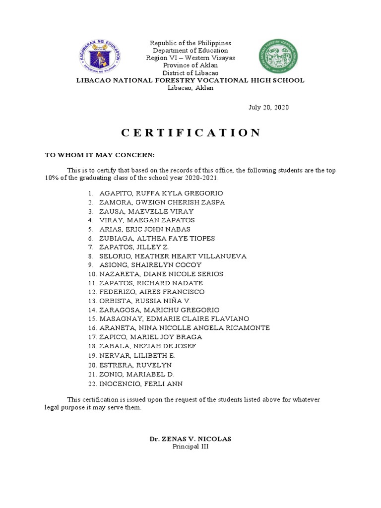 Cert of Top Ten Students | PDF