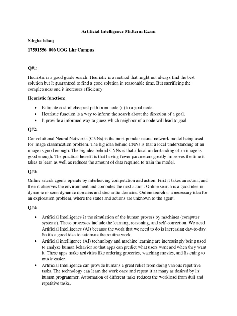 Artificial Intelligence Midterm Exam Pdf Artificial Intelligence Intelligence Ai And Semantics