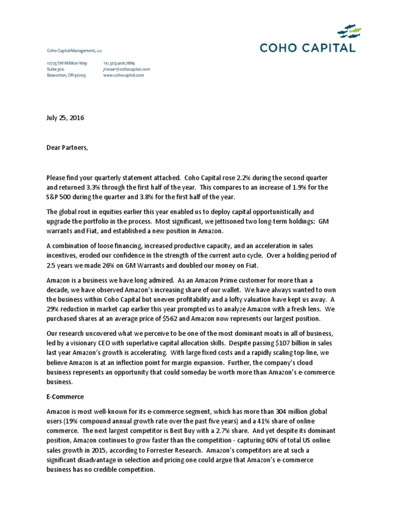 Coho Capital 2016 Q2 Letter | PDF | Amazon Web Services | E Commerce