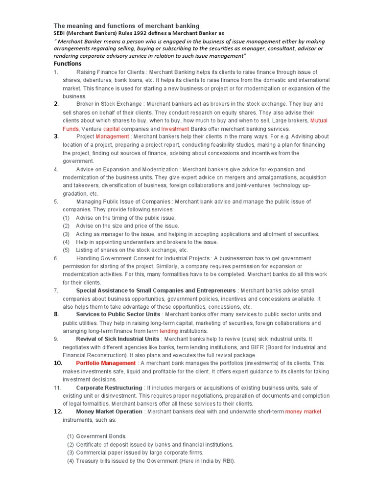 Functions of Merchant Banking Explained | PDF | Lease | Banks