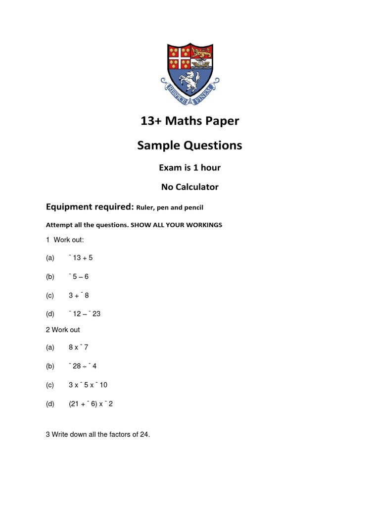 13+ Maths Paper Sample Questions: Exam Is 1 Hour No Calculator ...