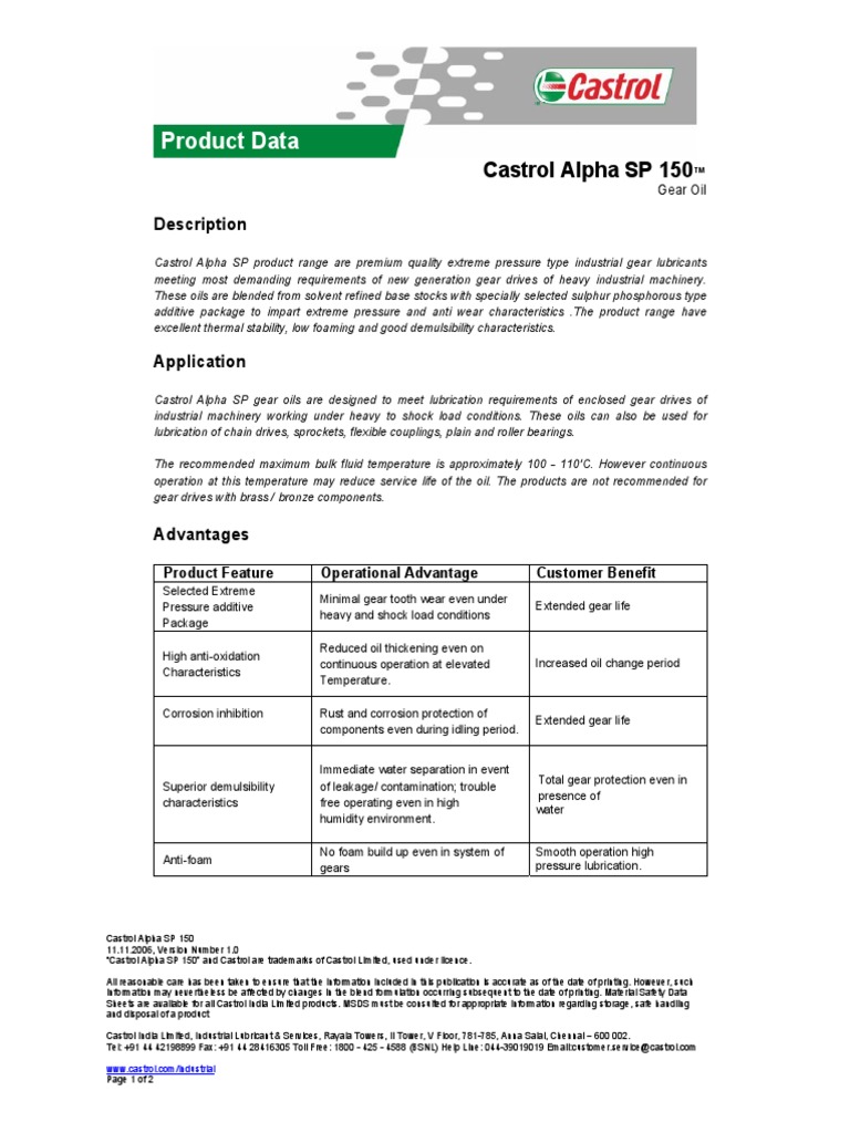 Product Data: Castrol Alpha SP 150 | PDF | Gear | Lubricant