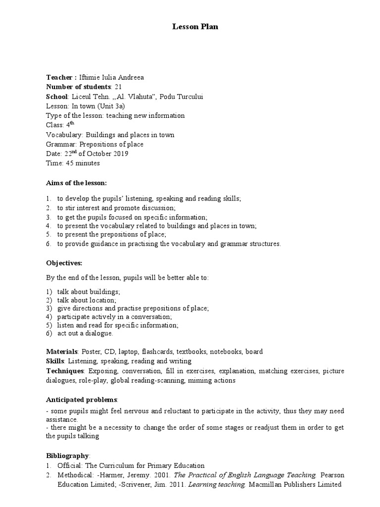 Lesson Plan Grade 4 3a in Town | PDF | Language Education | Vocabulary