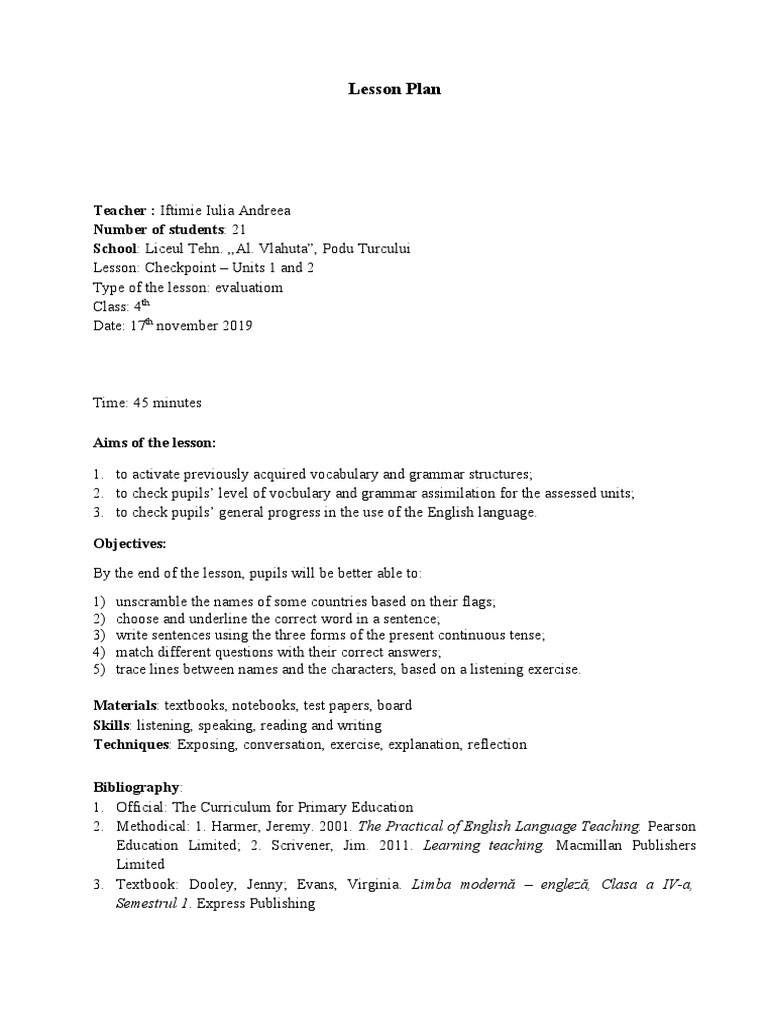 4th Grade English Lesson Plan Evaluation | PDF | Vocabulary | Language ...