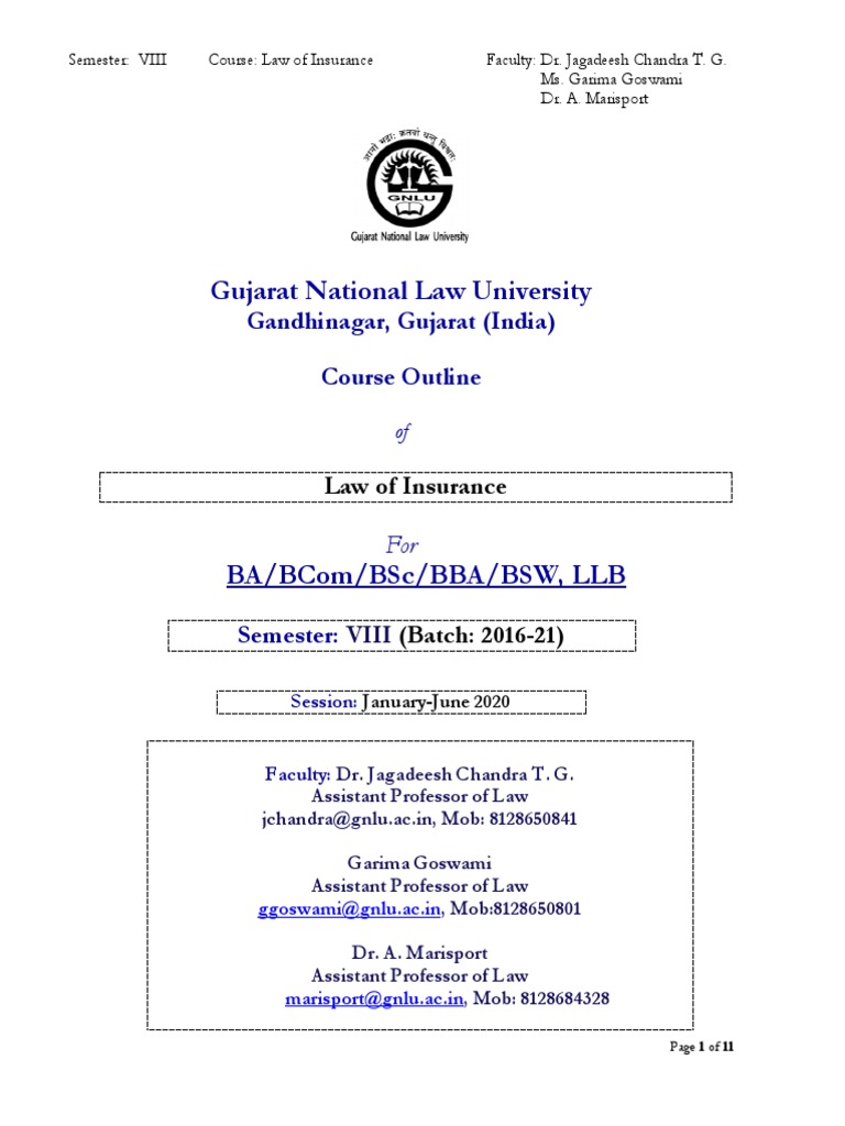 Course Outline-Law of Insurance, 2020 | PDF | Insurance | Life Insurance