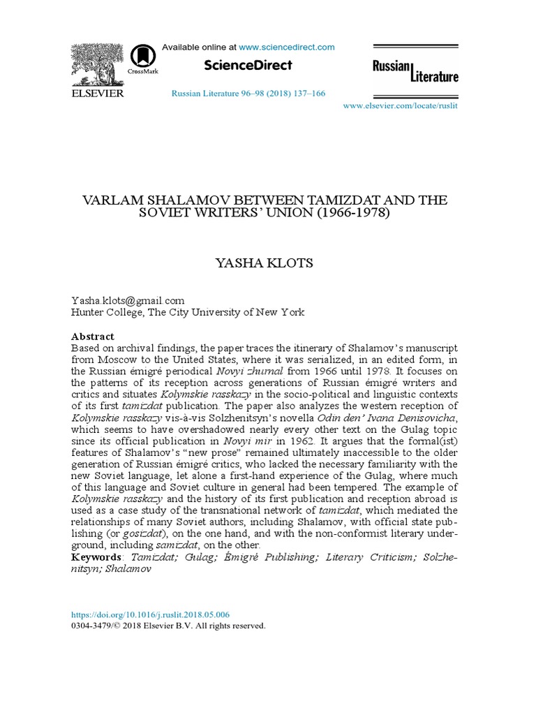 KLOTS, Yasha - Varlam Shalamov Between Tamizdat and The Soviet Writers ...