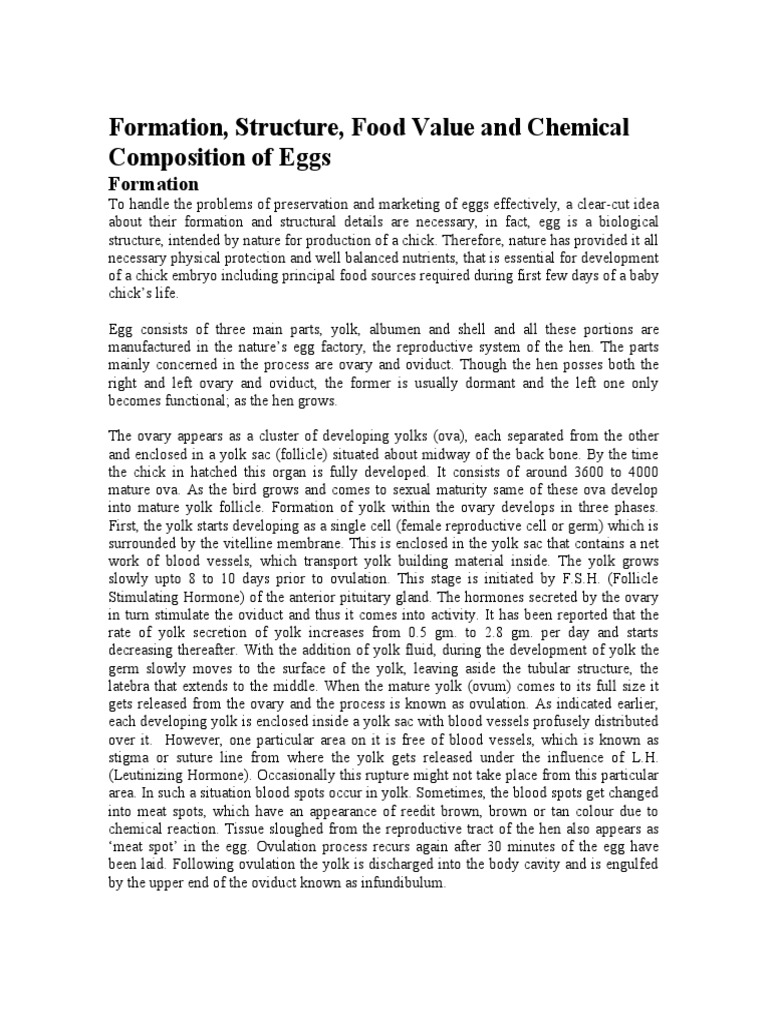Formation, Structure, Food Value and Chemical Composition of Eggs | PDF ...