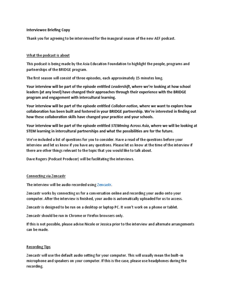 Interviewee Briefing | PDF | Interview | Podcast