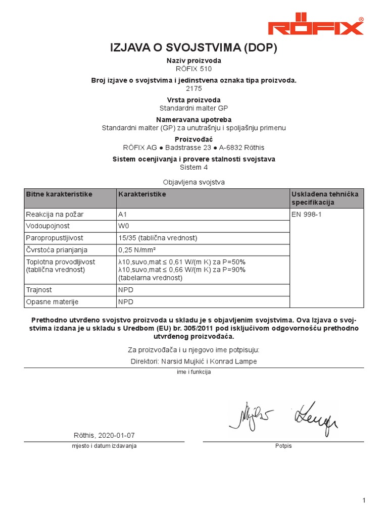 DOP_ROeFIX_510_Krečno_cementni_osnovni_malter_sr - izjava o svojstvima | PDF