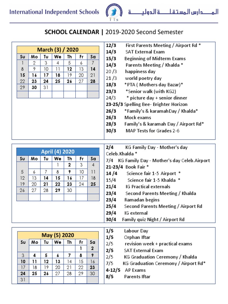 SCHOOL CALENDAR - 2019-2020 Second Semester: March (3) / 2020 | PDF ...