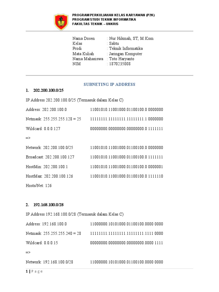 Subnetting IP Address - Toto Haryanto - 1870235008 | PDF