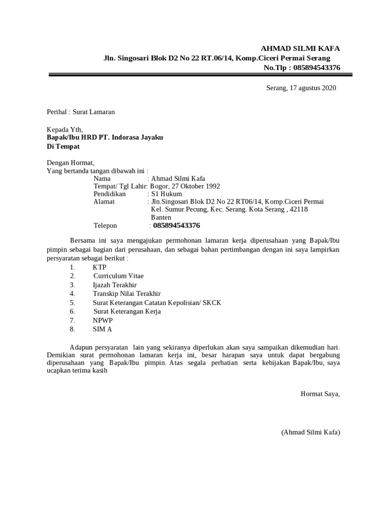 Surat Lamaran Kerja Ahmad Silmi Kafa | PDF