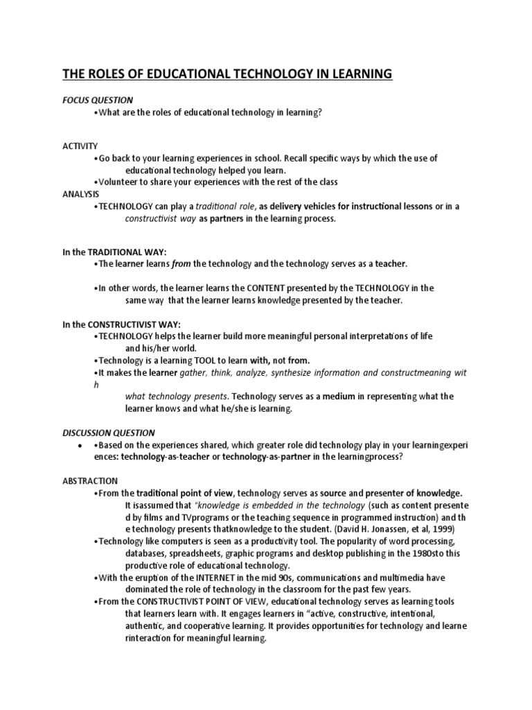 The Roles of Educational Technology in Learning | PDF | Educational ...