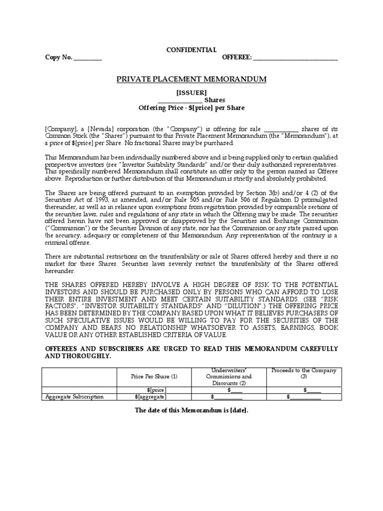 Private Placement Memorandum for Common Stock Offering of [Company Name ...