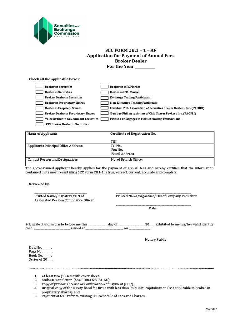 Sec Form 28.1 - 1 - Af Application For Payment of Annual Fees Broker ...