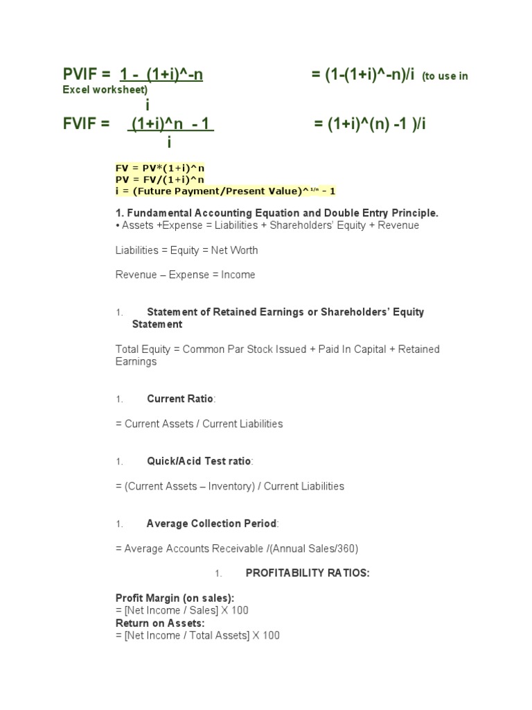 Pvif 1 - (1+i) - N (1 - (1+i) - N) /i I FVIF (1+i) N - 1 (1+i) (N) - 1 ...